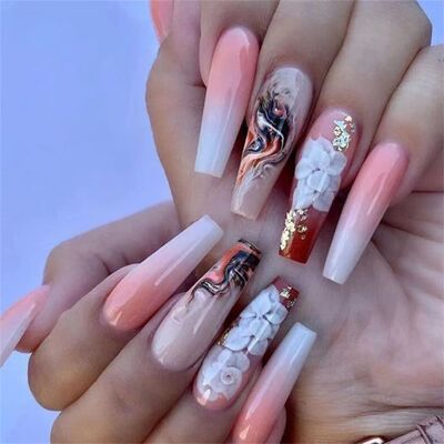 24Pcs Marble Gradient Long Coffin False Nails Full Cover Nai