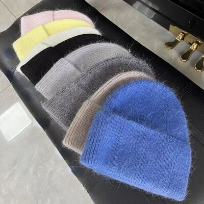 Angora Knit Winter Hat For Womens Rabbit Fur Fluffy Knitted