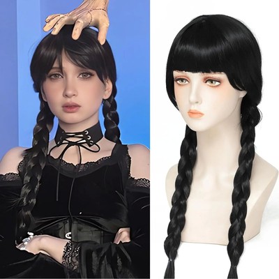 Wednesday Addams Wig Braided Black Wigs With Bangs for Hallo