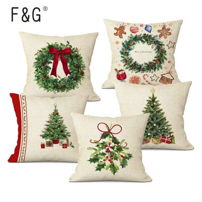 Christmas Tree Pattern Linen Throw Pillow Case, Decorative C