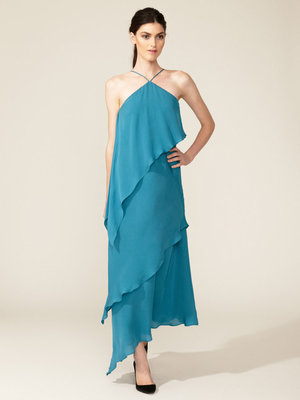 Halston Heritage夏季新款真丝荷叶分层超仙飘逸吊带礼服裙