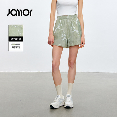 Jamor时尚松紧休闲裤短裤2025春夏新款舒适印花显瘦裤子女装