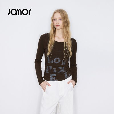 【时尚系列】Jamor加墨修身辣妹假两件T恤上衣2026春季新款长袖