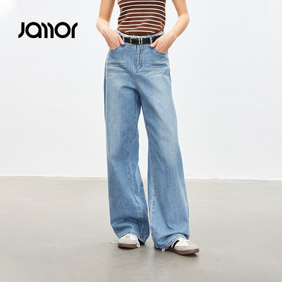 Jamor时尚直筒牛仔裤2025春季新款磨破做旧阔腿长裤子显瘦蓝色