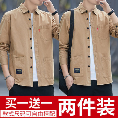 方领长袖工装多口袋男士