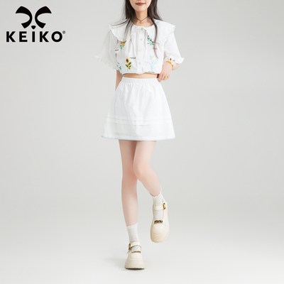 KEIKO 简约白色A字半身裙25夏季提花包边松紧高腰休闲棉质短裙子