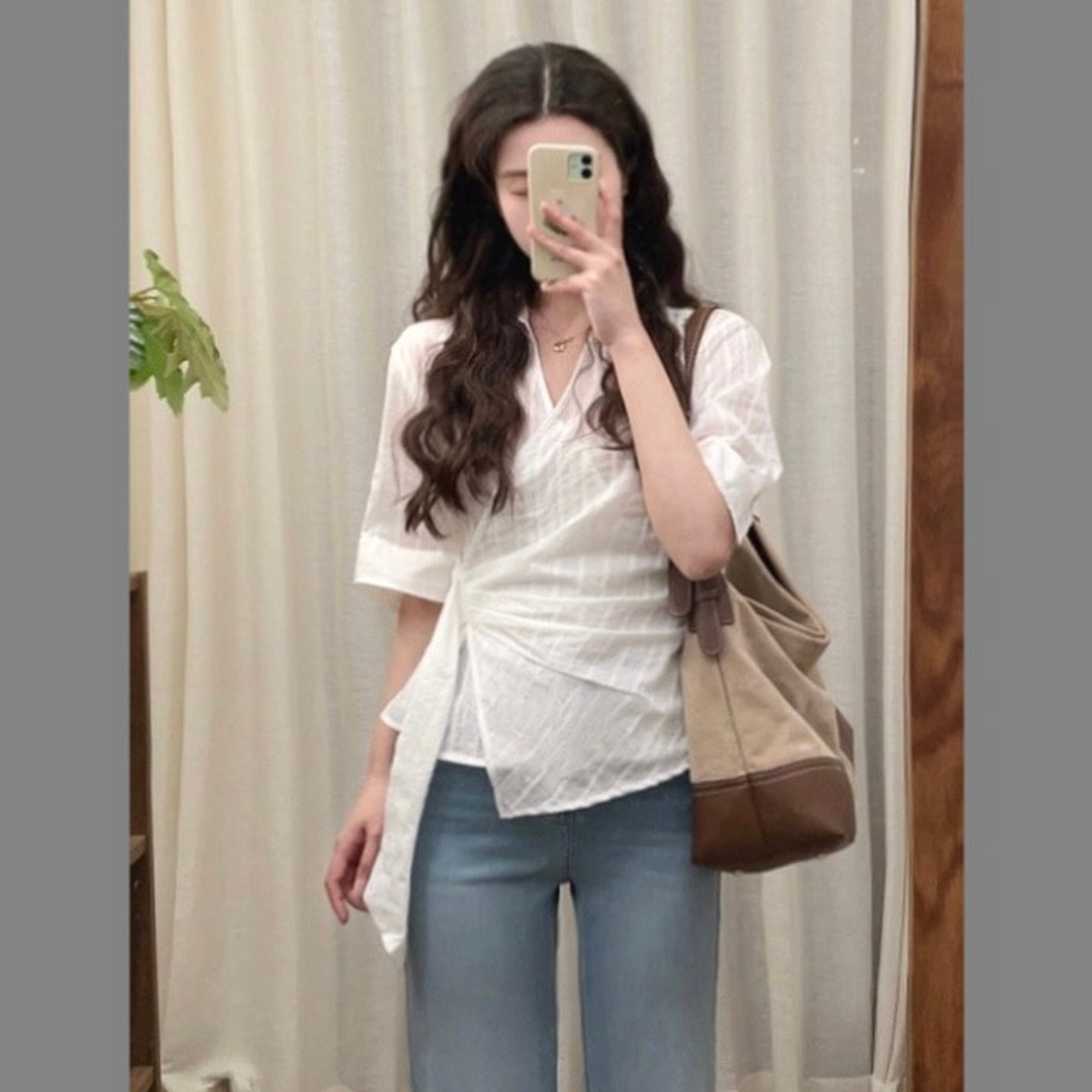 【初雪白】ELLE法式肌理感飘带衬衫女夏新款不规则设计感收腰衬衣