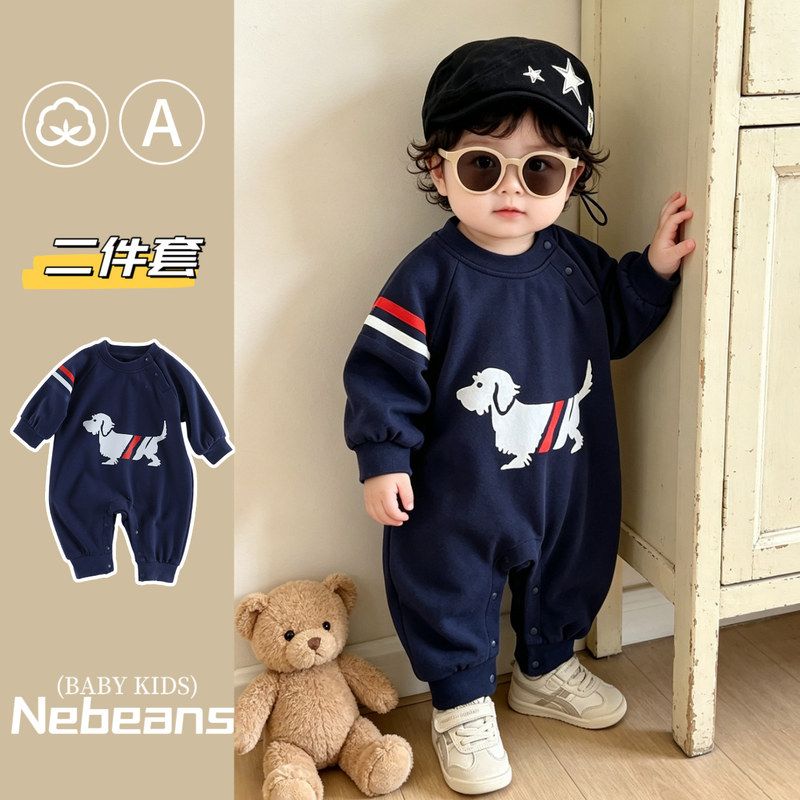 哈衣ansnebe服厂婴儿潮牌秋季乐宾家棉腊肠狗a外出服柔软爬连身衣
