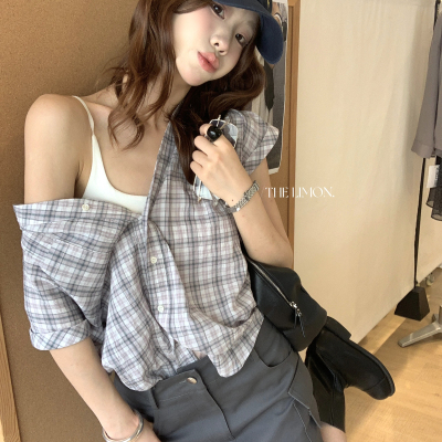 柠檬绿茶-夏日小记复古格纹宽松百搭衬衫(不含背心)10563
