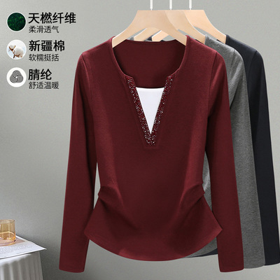 2025安可拉红色系氛围感女士假两件打底衫优雅叠穿内搭女钉珠上衣