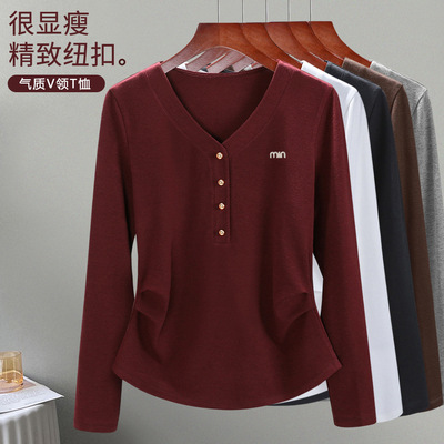 v领长袖t恤女2025新款春秋款外穿洋气安可拉红上衣女士修身打底衫