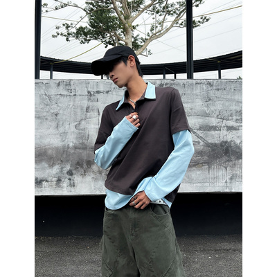 复古撞色假两件拼接长袖T恤男潮