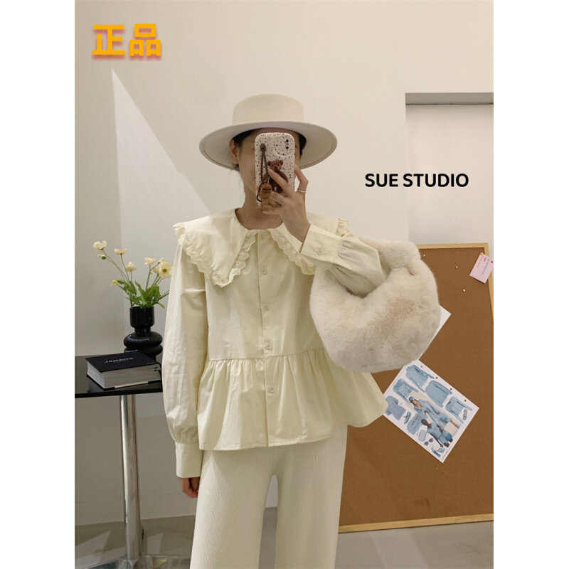 SUE STUDIO秋季新款2022年韩版娃娃领领纯色荷叶边质感单排扣衬衫_虎窝淘