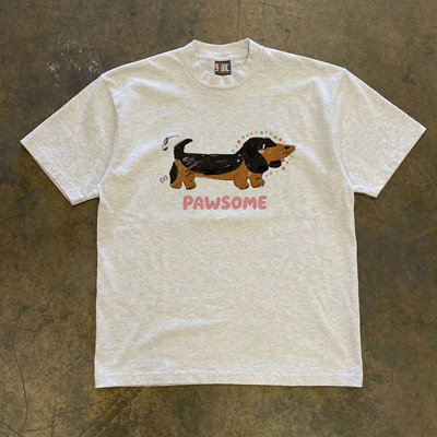 美式复古重磅纯棉小众原创不撞款~PAWSOME腊肠犬涂鸦印花短袖T恤