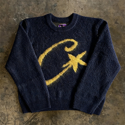 y2k hoodie~美式小众酷感毛衣圆领大C刺绣宽松百搭针织衫黑色长袖