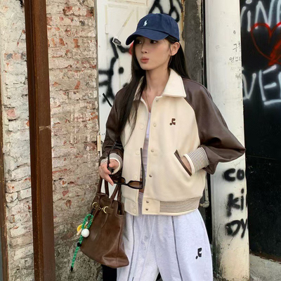 韩国RR同款字母刺绣拼接棒球服女宽松夹克短外套棉服