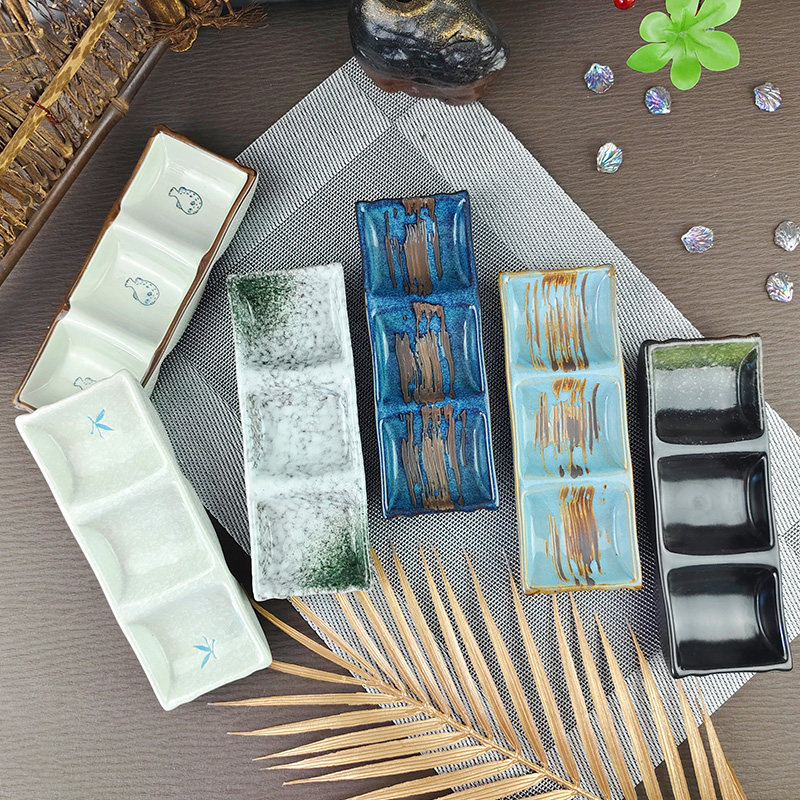 日式陶瓷三格蘸料碟火锅调味酱油调料碟商用餐厅烤肉酱料碟子味碟