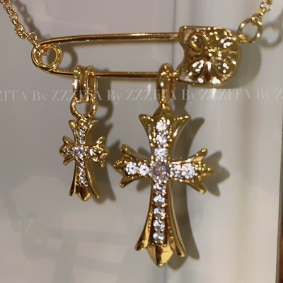 18k金满钻十字架吊坠别针黄铜