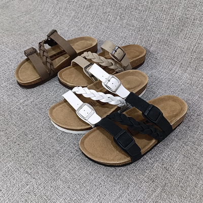 外贸夏季女士麻花纯色真皮鞋垫软木拖鞋休闲大码女鞋 F3948