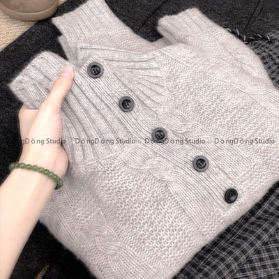 冬季新品[伦敦灰]全毛高领套头纯色麻花宽松长袖针织衫毛衣 098