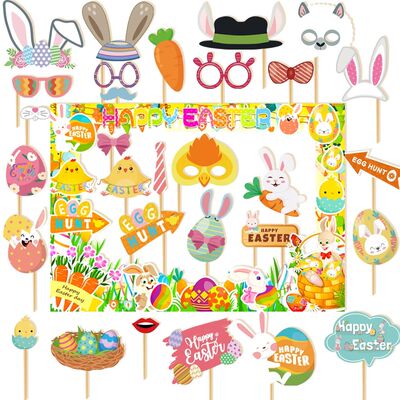 1set Easter Paper Photo Booth Props Funny Bunny Eggs Photo F