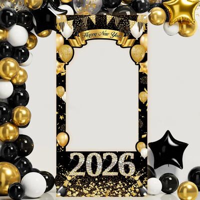 Black Gold New Year 2026 Photo Booth Frame Banner Happy New