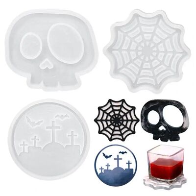 Halloween Coaster Resin Mold Skull Spider Web Tombstone Shap