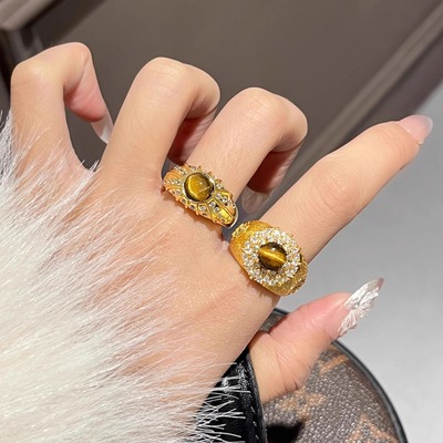 中古风拉丝虎眼石戒指女
