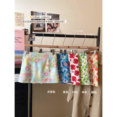 油印花腰高半身裙女春季短2026新OXE画款A字显瘦度假风小个子时尚