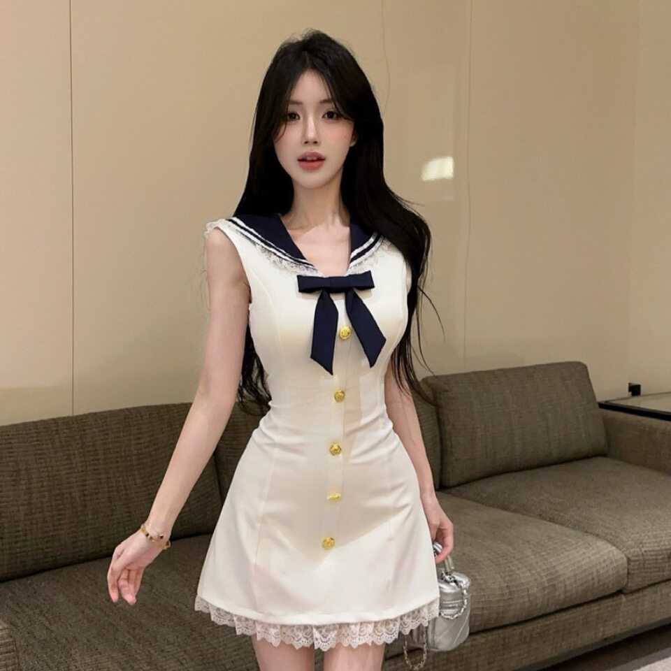 实拍性感制服工装无袖翻领撞色短款连衣裙