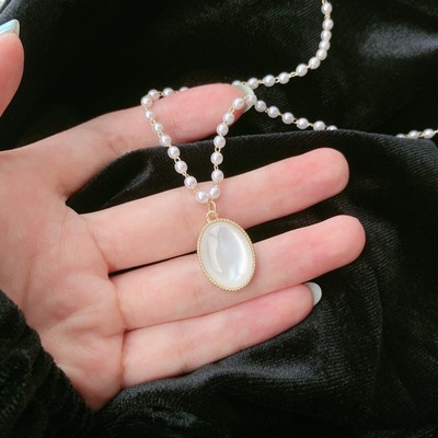 原创复古椭圆猫眼古典白月光珍珠链项链女冷淡风气质简约锁骨链