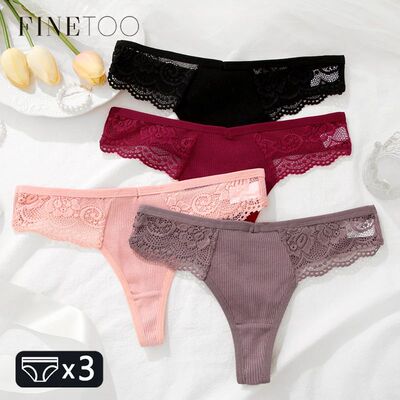 3Pcs Women's Cotton Underwear Lace Thongs Sexy Solid Color L