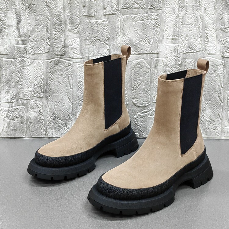 Toomanyshoes断码撤柜真皮女鞋春秋圆头厚底弹力瘦瘦切尔西烟筒靴
