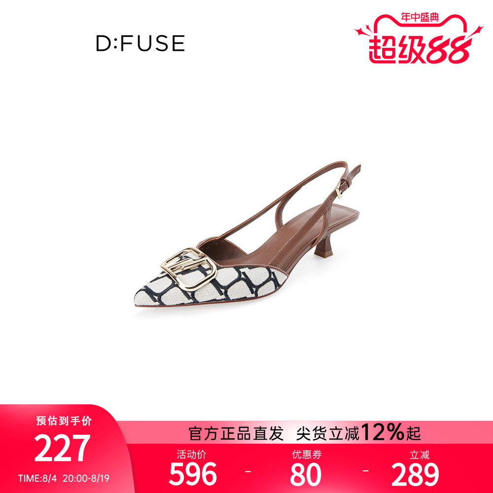 Dfuse迪芙斯新款高跟单鞋金属扣刺绣布细跟羊皮凉鞋