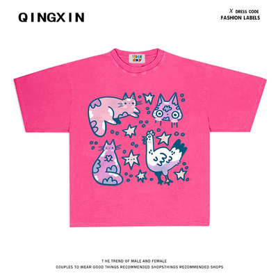 QINGXIN 2025夏季新款小猫小鸡趣味设计小众印花宽松短袖T恤