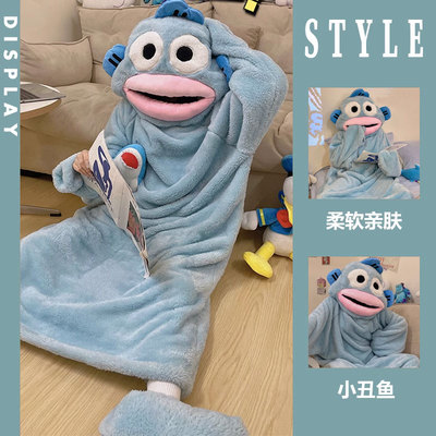 丑鱼情侣睡袍男女冬季加厚毛绒睡裙珊瑚绒长款加大码搞怪连体睡衣