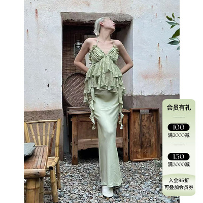 明星同款 Deplumer 新中式荷叶边真丝挂脖吊带长款气质显瘦半身裙