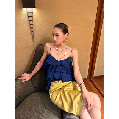 JACQUES WEI 26SS春夏新品 荷叶边拼接蕾丝吊带女不规则下摆上衣