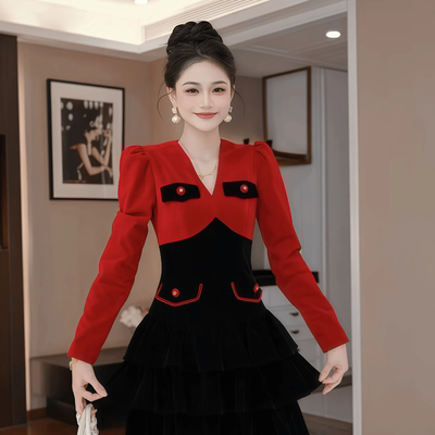 法式名媛御姐感拼色长袖连衣裙