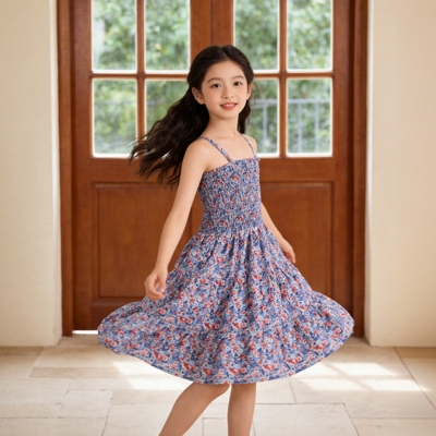 夏季纯棉深蓝碎花女童吊带连衣裙