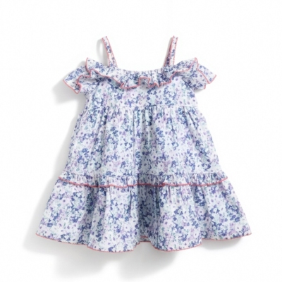 纯棉蓝碎花一字肩女童公主裙