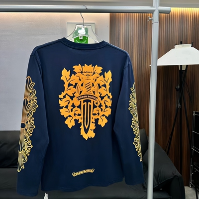 春秋季CH克罗轻奢长袖T恤男女网红同款宝剑梵文印花口袋宽松上衣