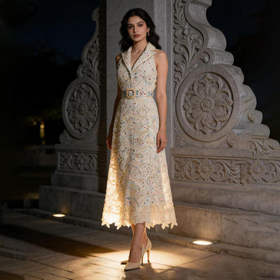 新款莫奈睡莲油画色系翻领无袖腰带长裙2025秋季蕾丝镂空连衣裙女