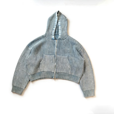 Basic annals水洗做旧连帽拉链卫衣蓝色开衫外套水洗毛衣boxy短款