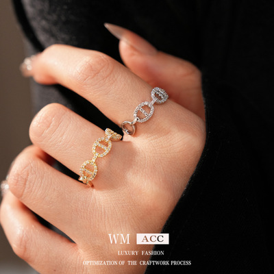 真金电镀锆石猪鼻子开口戒指小众感食指戒时尚个性冷淡风手饰