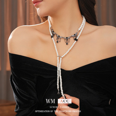 珍珠翅膀流苏水滴双层项链轻奢小众锁骨链复古宫廷风饰品女感