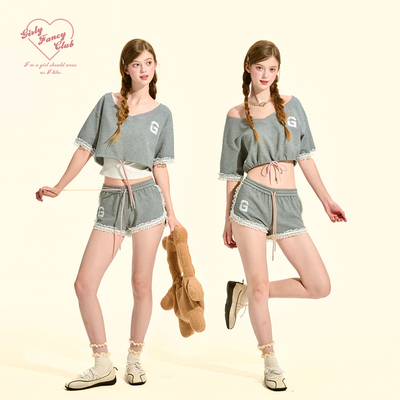 GirlyFancyClub又甜又辣运动风舒适慵懒宽松灰色高腰短款t恤套装