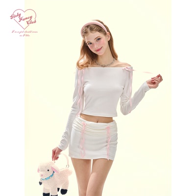 GirlyFancyClub甜欲运动风*手工蝴蝶结一字肩连帽t恤短上衣套装裙