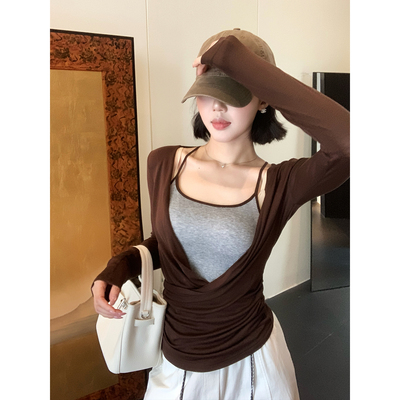 甜辣多多天丝撞色上衣女2026春夏百搭吊带背心长袖T恤两件套W9808