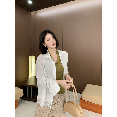 甜辣多多 100天丝衬衫丝拼接廓形宽松显瘦百搭长袖上衣女Z3833